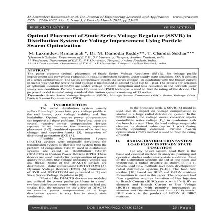 Optimal Placement of Static Series Voltage Regulator (SSVR) in Distribution System for Voltage ...