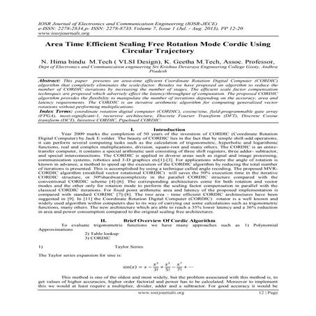 Area Time Efficient Scaling Free Rotation Mode Cordic Using Circular