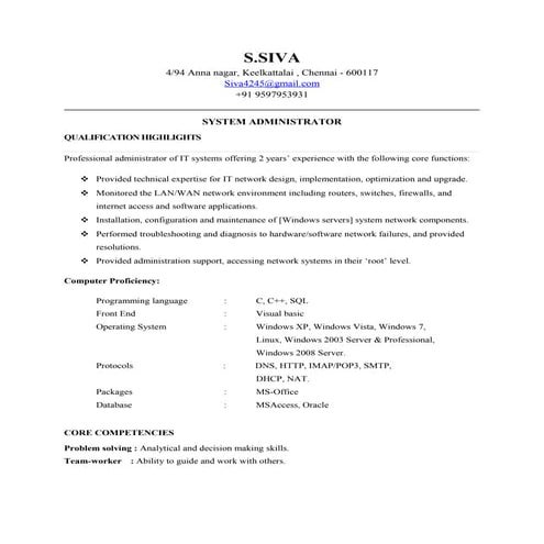 Siva Resume | DOC | IT and Internet Support | Internet