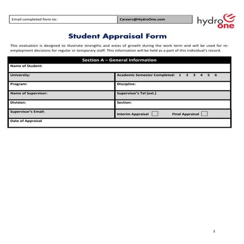 Cameron Hartman Student Appraisal Form plus Comments Hydro One | PDF