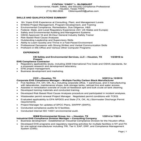Blomquist - EHS Resume M | PDF