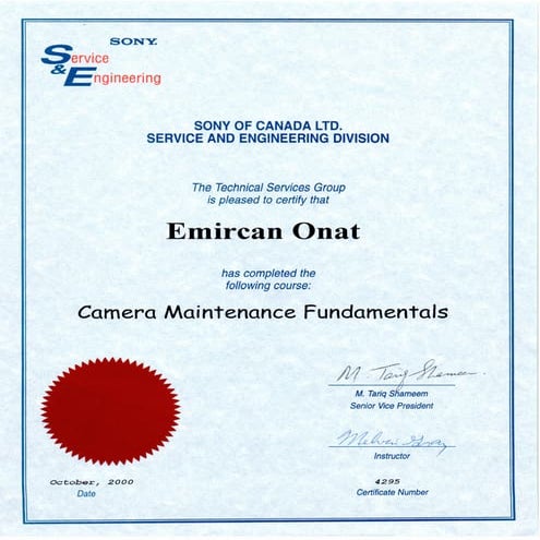 Certificate Sony Camera Maintenance Fundamentals October 2000 | PDF
