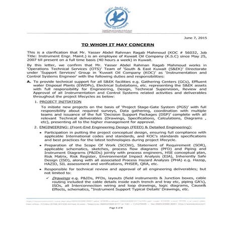 KOC Duty Letter Signed (Yasser Mahmoud) | PDF