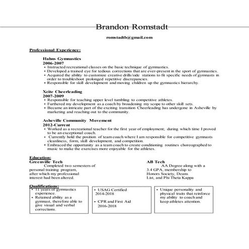 Linked in Gymnastics Resume | DOCX