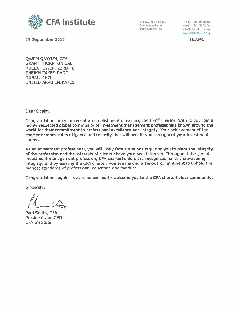 CFA Institute Letter - Qasim Qayyum, CFA