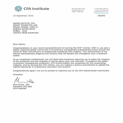 CFA Institute Letter - Qasim Qayyum, CFA | PDF