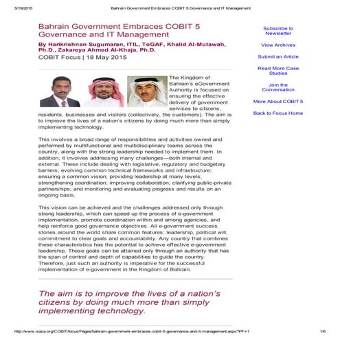 Bahrain Government Embraces COBIT 5 Governance and IT Management | PDF