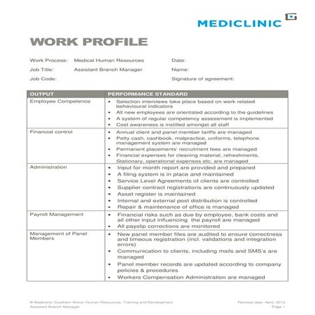 Assistant Branch Manager Work Profile | PDF