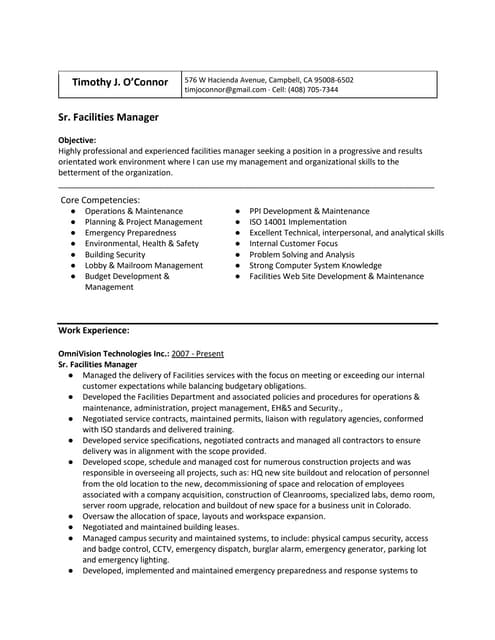 FacilitiesMarianoresume10012016 | DOCX