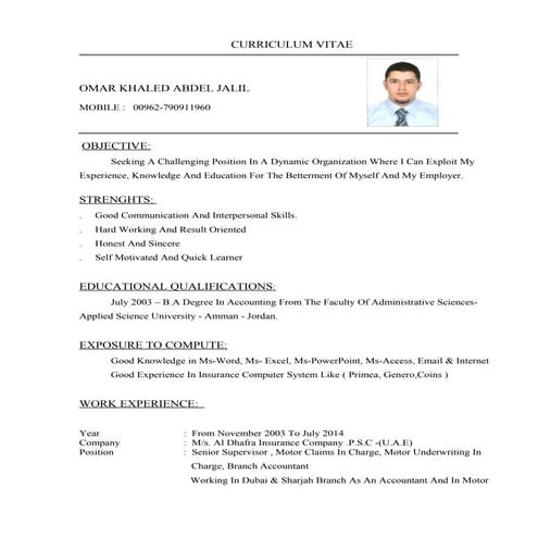 Omar CV | DOC | Motor Insurance | Insurance
