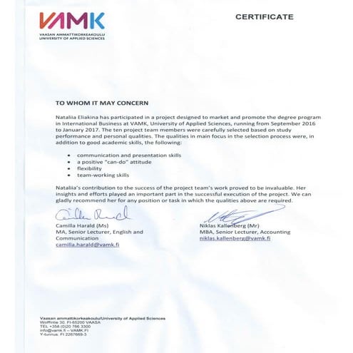 VAMK marketing campaign certification | PDF