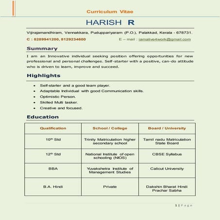 CV OF Harish R | DOCX
