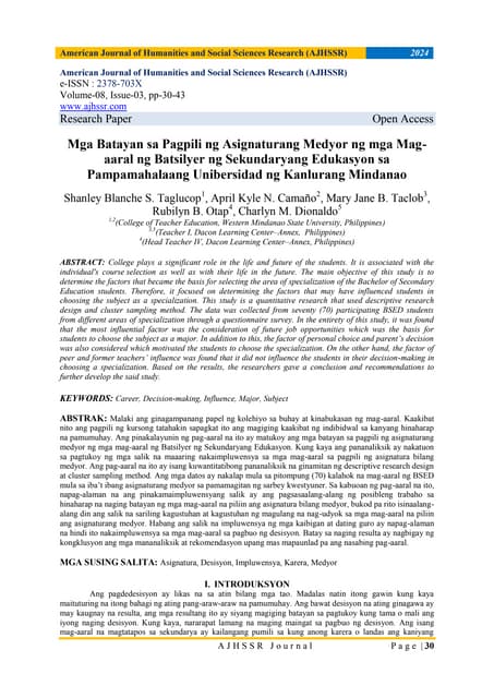 “Mga Salik na Nakaaapekto sa Pagkatuto ng Mag-aaral sa Asignaturang Filipino” | PDF