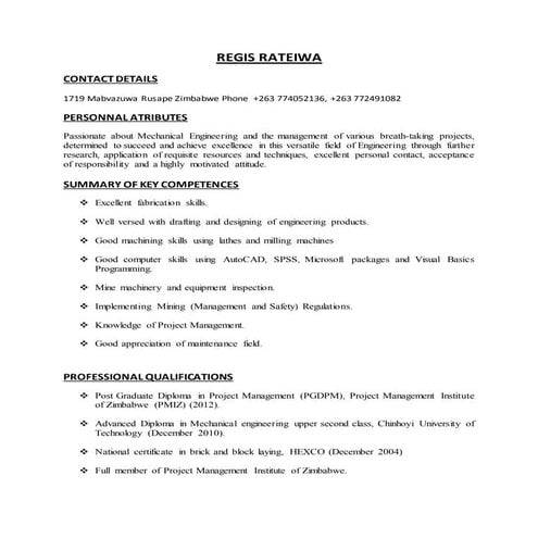 Curriculum Vitae for RATEIWA REGIS | DOCX
