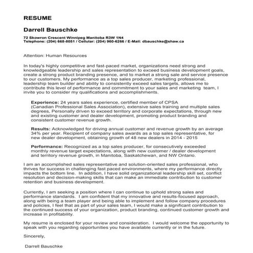 Darrell Bauschke Resume Sales Representative April 2016 | DOC