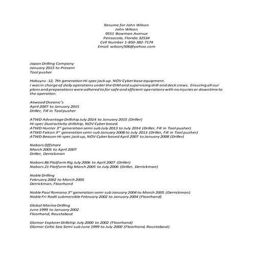 Resume for John Wilson 2015 | DOCX | Scuba Diving | Extreme Sports