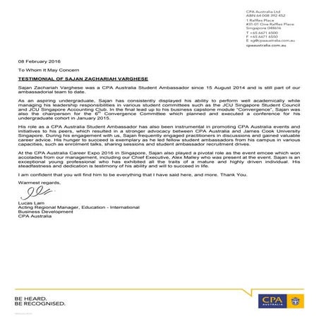 Reference Letter from Lucas Lam, CPA Australia | PDF