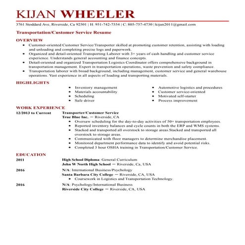 Transportation Resume | PDF | Logistics and Transportation Industry ...