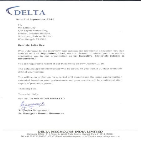 Laltu Dey - Offer Letter | PDF