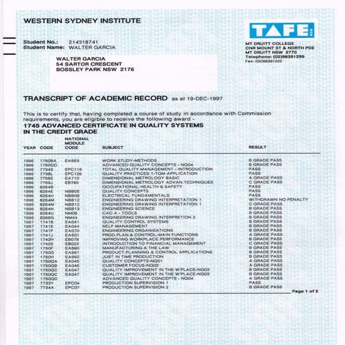 Tafe Quality Systems Subjects Page 1 | PDF
