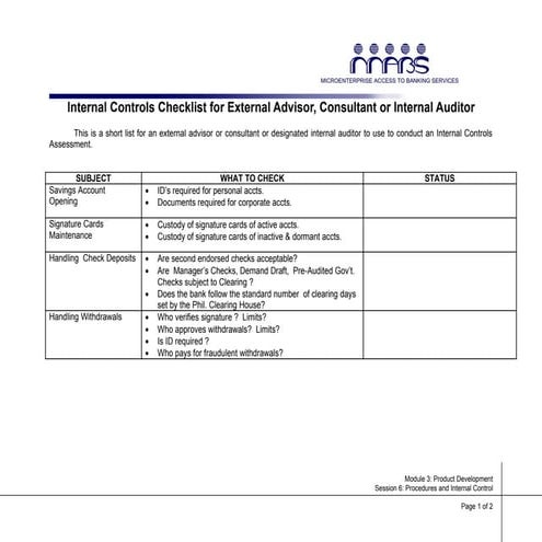 C3 Internal Control Checklist External | PPT