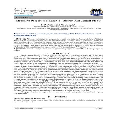 Structural Properties of Laterite - Quarry Dust Cement Blocks | PDF