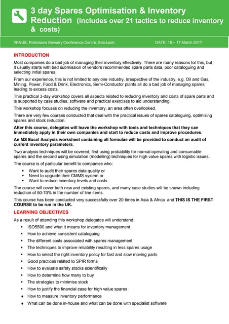 MRO Spare Parts Improvement Programme Conforms to ISO55000 | PDF