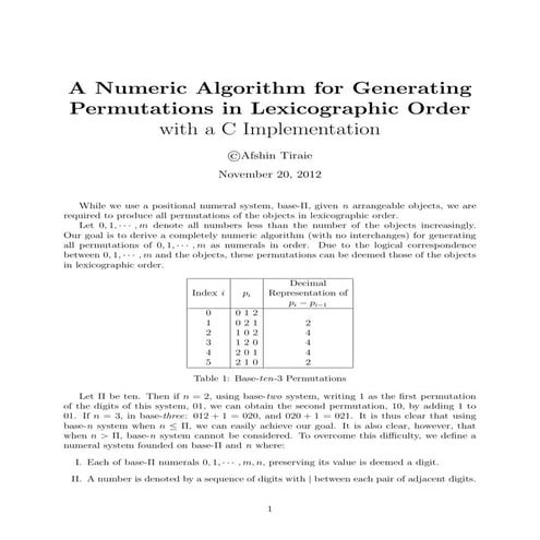 A Numeric Algorithm For Generating Permutations In Lexicographic Order 1313