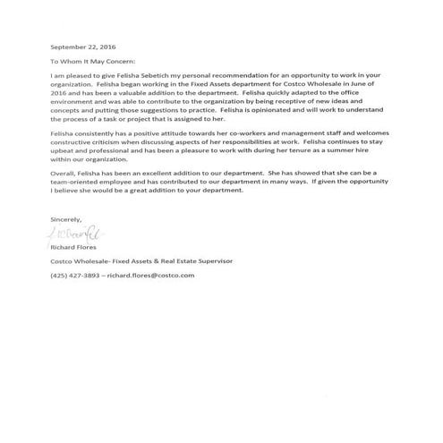 Letter from Costco Supervisor | PDF