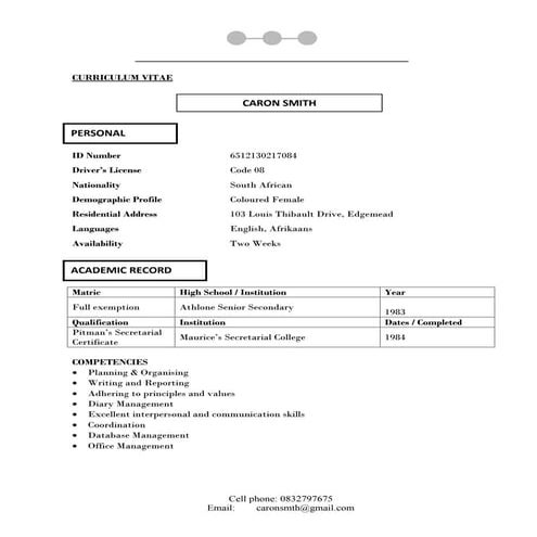 Curriculum vitae of Caron Smith | PDF