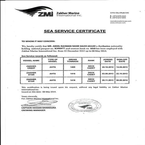 Sea Service Certificate | PDF