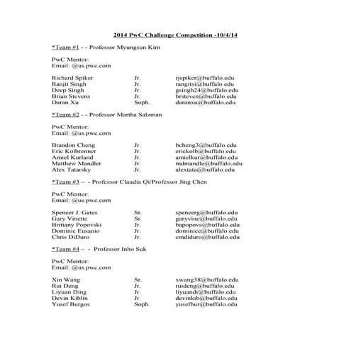 2014 PwC Challenge Competition - Teams with Names, Faculty, and Mentors ...