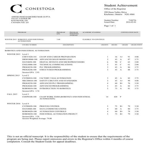 Conestoga Transcript | PDF