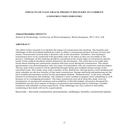 Academic paper and supporting document on fast track construction (1) | PDF