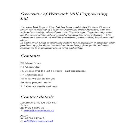 About Warwick Mill Copywriting Ltd 13-10-00 | PDF