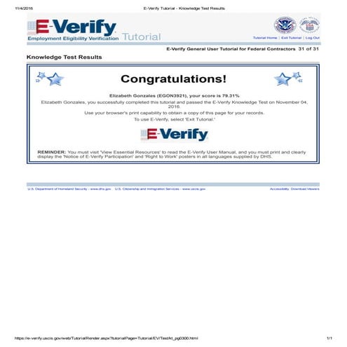 E-Verify Tutorial - Knowledge Test Results | PDF