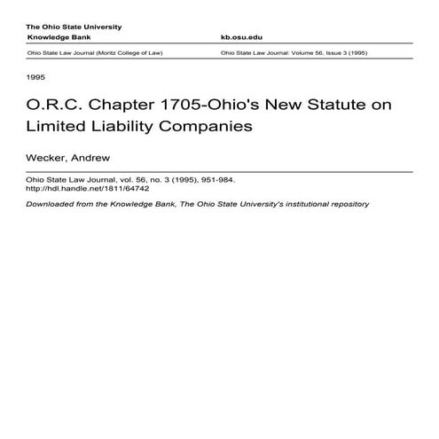 ORC Chapter 1705 - Ohio's New Statute on Limited Liability Companies | PDF