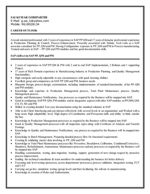 Sudhir_SAP PP QM & MM resume | DOC | Business | Business and Finance