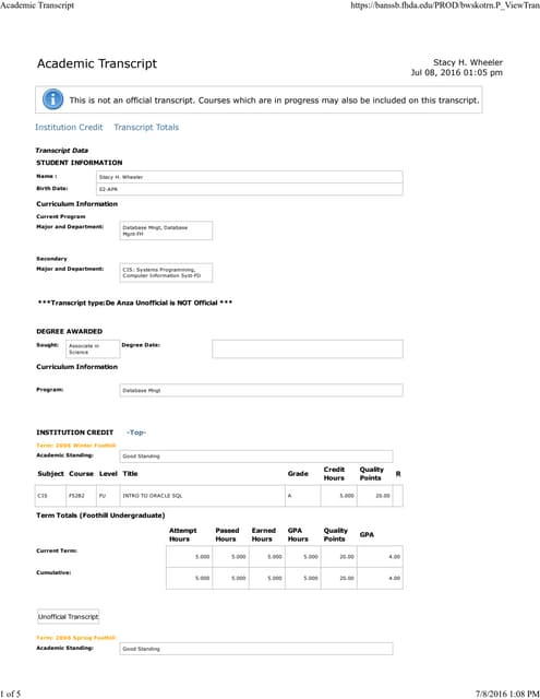Ltccc unofficial transcript | PDF