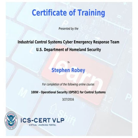 100W OPSEC ICS-VLP Certificate | PDF