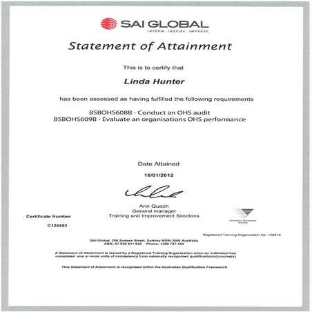 HUNTER, Linda - SFA certificate | PDF