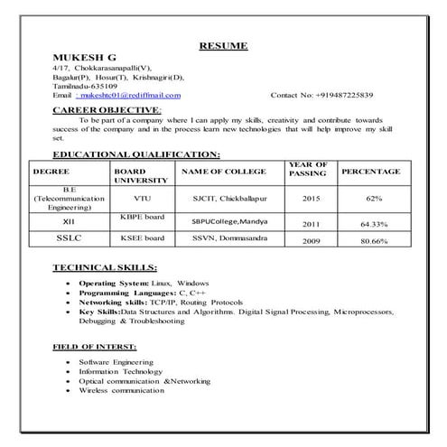 Chandrasekhar b.tech fresher resume