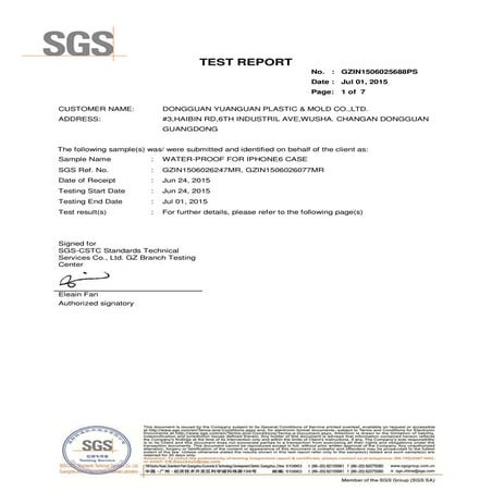 IP-X8 SGS test report for YG water-proof iPhone 6 case.PDF