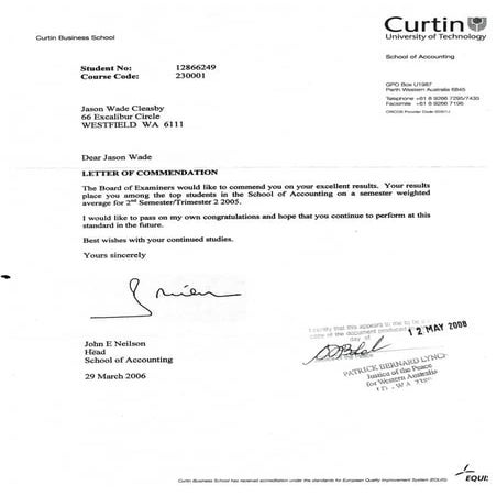 Curtin letter of commendation