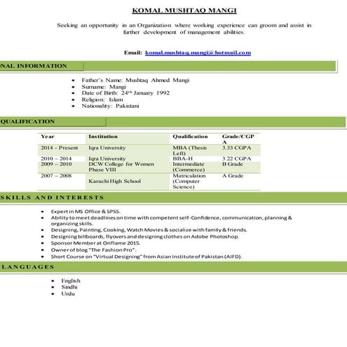 Komal Mangi CV | DOCX