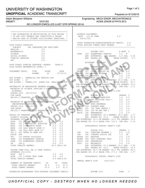 University of Washington Unofficial Transcript | PDF