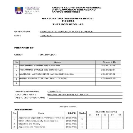 Fluid Mechanic Lab - Hydrostatic Pressure | PDF