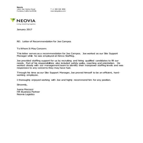 Joe Recommendation from Neovia Logistics | DOCX