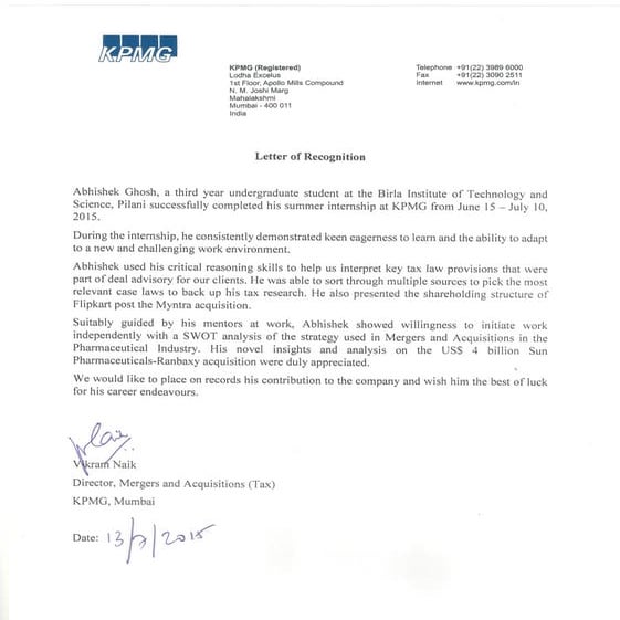 KPMG Recommendation_Abhishek Ghosh_page 1 | PDF