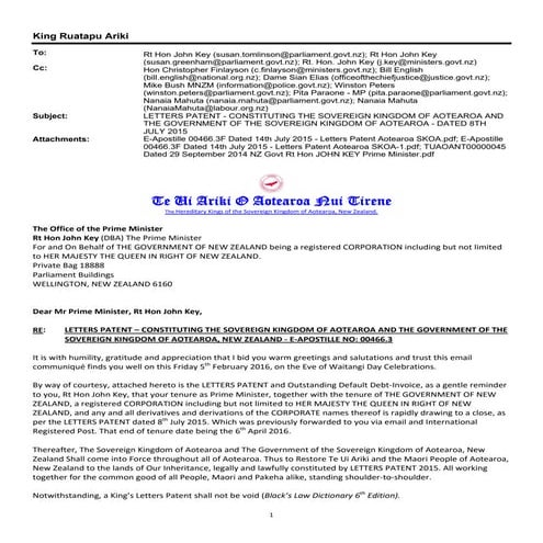 Draft - Email to Rt Hon John Key Reminder of Letters Patent n Default ...